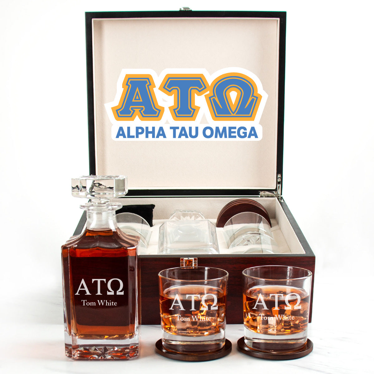 Alpha Tau Omega Cherry Wood Decanter Wood Gift Box Set With Rocks Glas ...