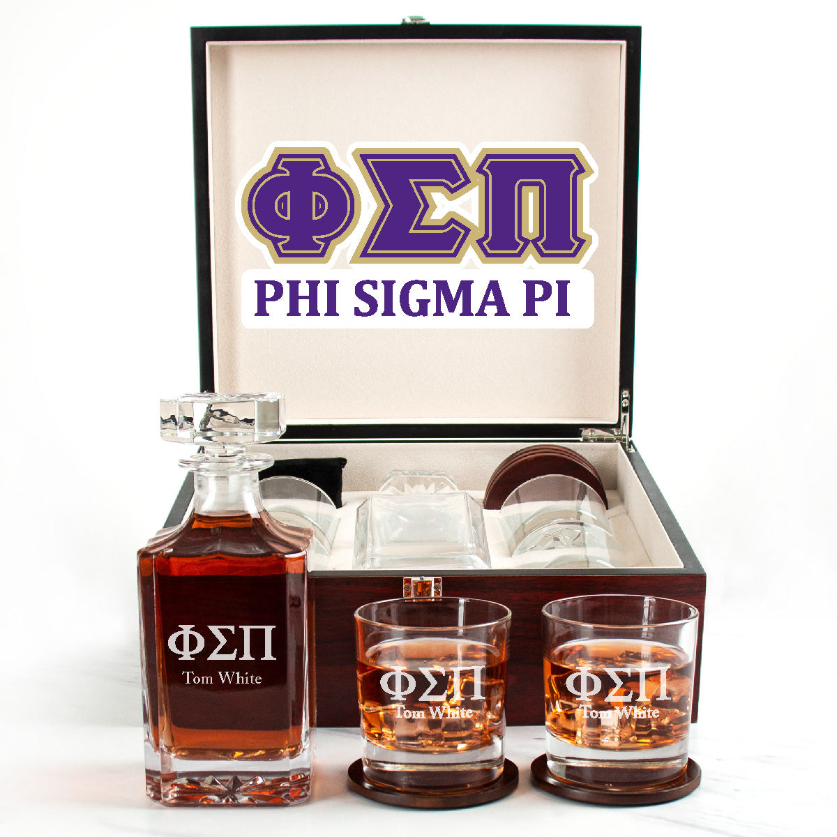 Phi Sigma Pi Cherry Wood Decanter Wood Gift Box Set With Rocks Glasses ...