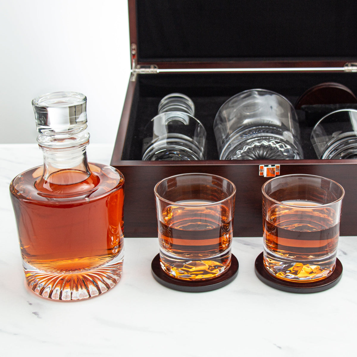 Add Your Logo Custom Sun Burst Decanter Set With Dark Brown Wood Gift ...