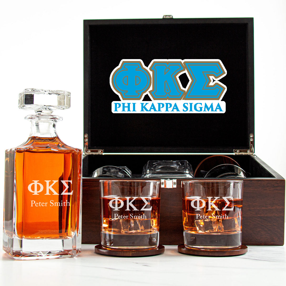 Phi Kappa Sigma Decanter Set With Dark Brown Wood Gift Box – MB Brands Inc