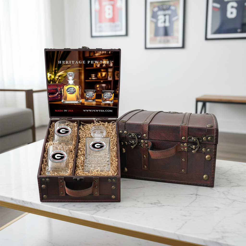 University of Georgia Heritage Decanter and 2 Glasses with Chest Box ...